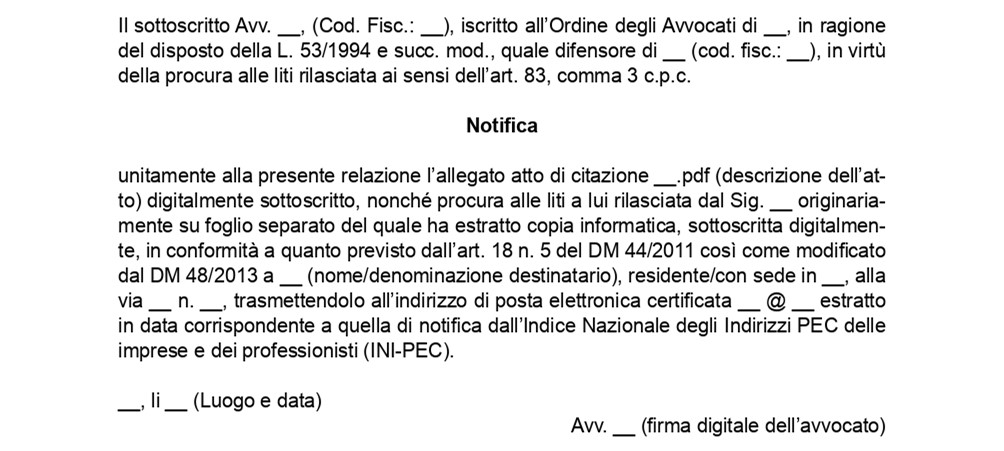 Notifica a mezzo PEC dell’atto di citazione: la formula